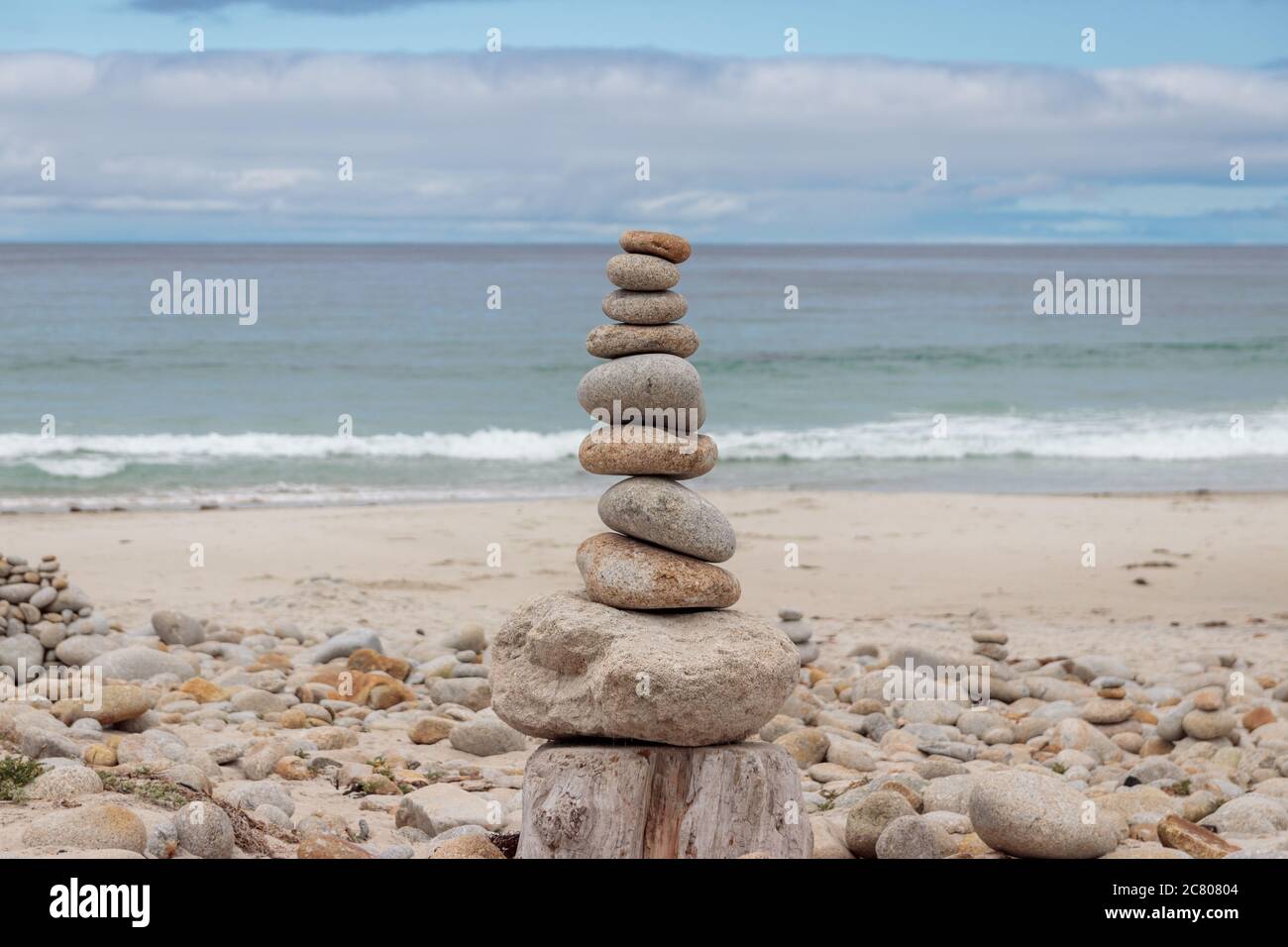 View of stones balanced on the beach, Monterey Bay, California Stock ...