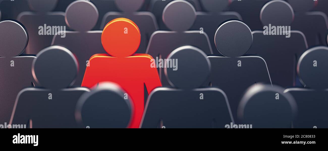 3D rendering of a red person in a crowd of black characters - concept ...