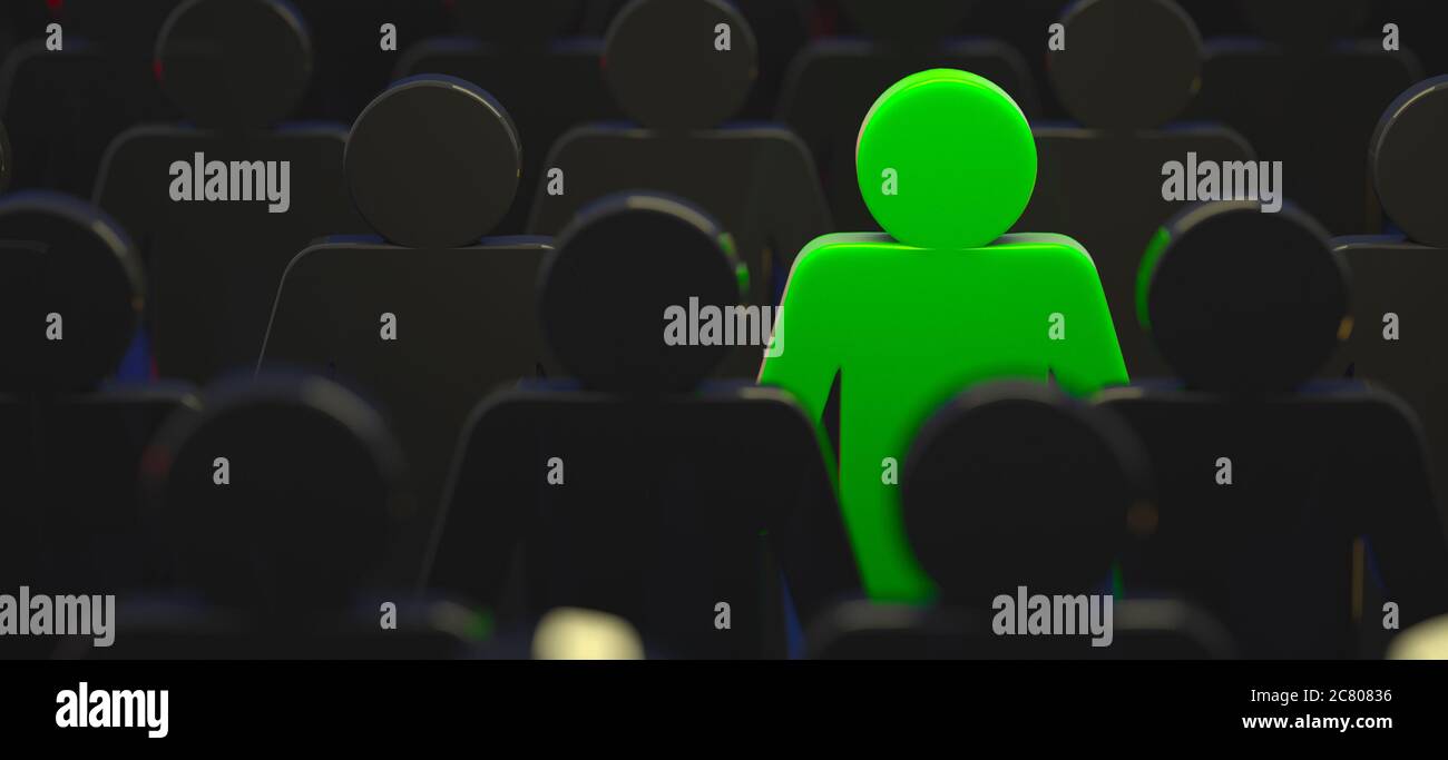 3D rendering of a bright green person in a crowd of black characters ...