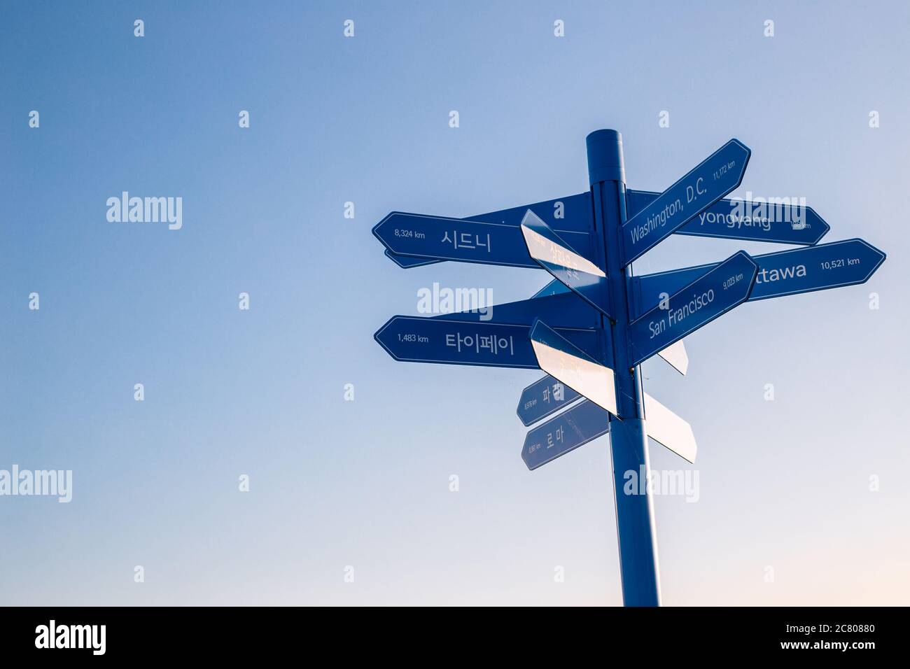 Various world city signpost at Banpo Hangang Park in Seoul, Korea Stock ...