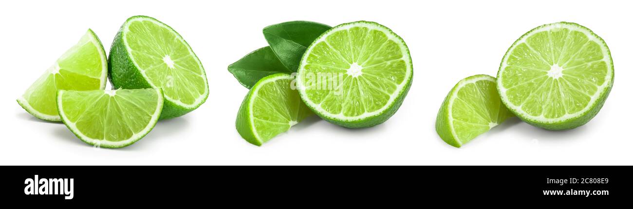 lime with half and leaf isolated on white background. Set or collection ...