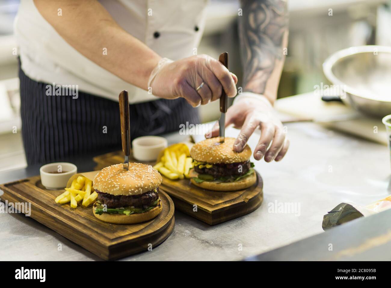 Two mouth-watering, delicious homemade burger used to chop beef. on the ...