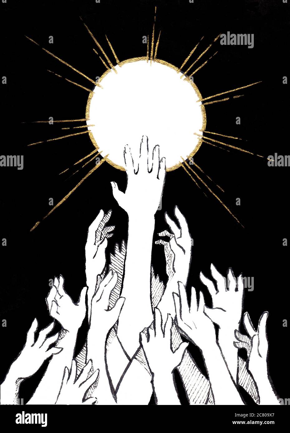 Many human hands try to reach for something in a golden circle ...