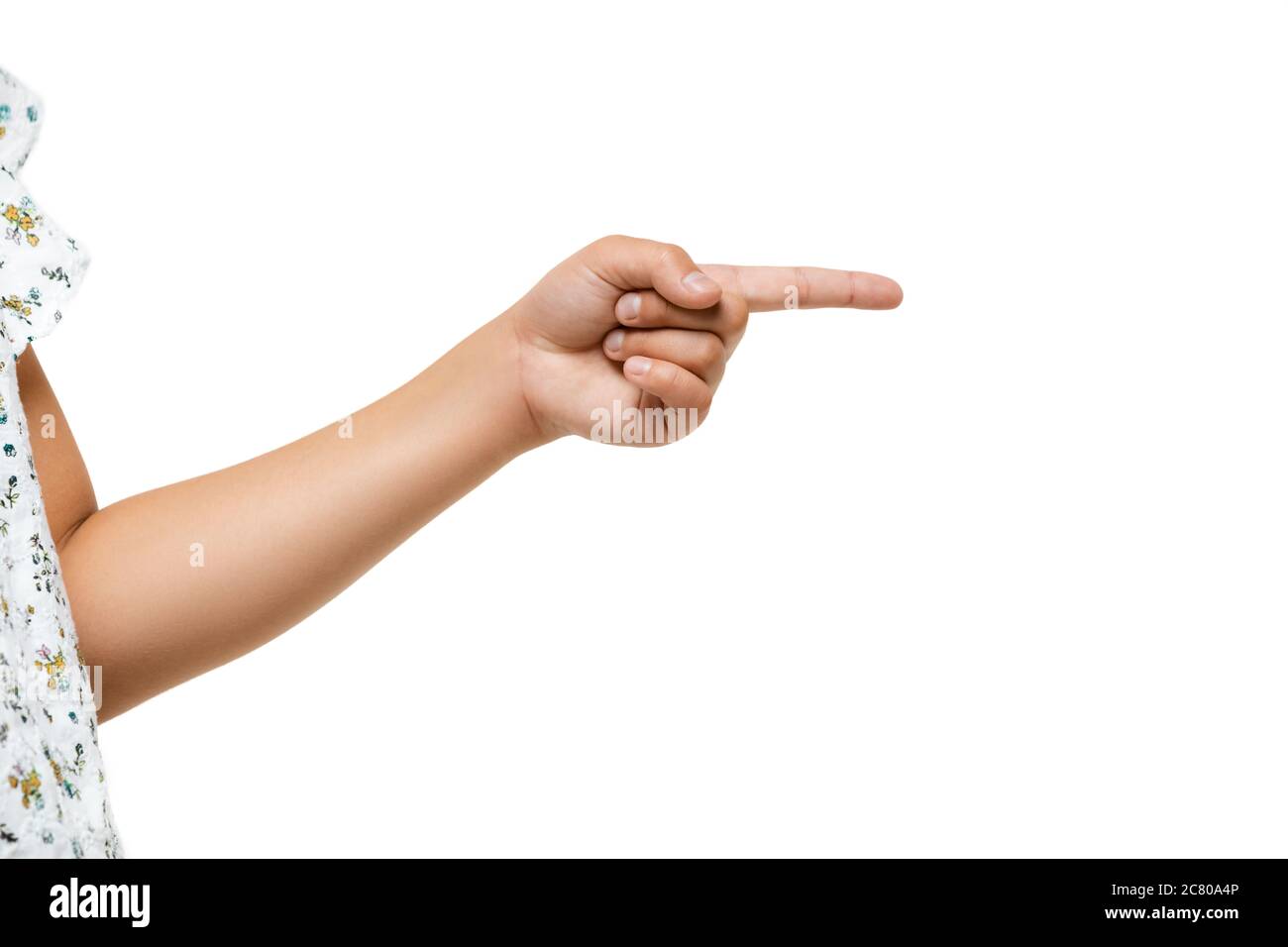 Pointing. Children's hand, palm gesturing isolated on white studio ...