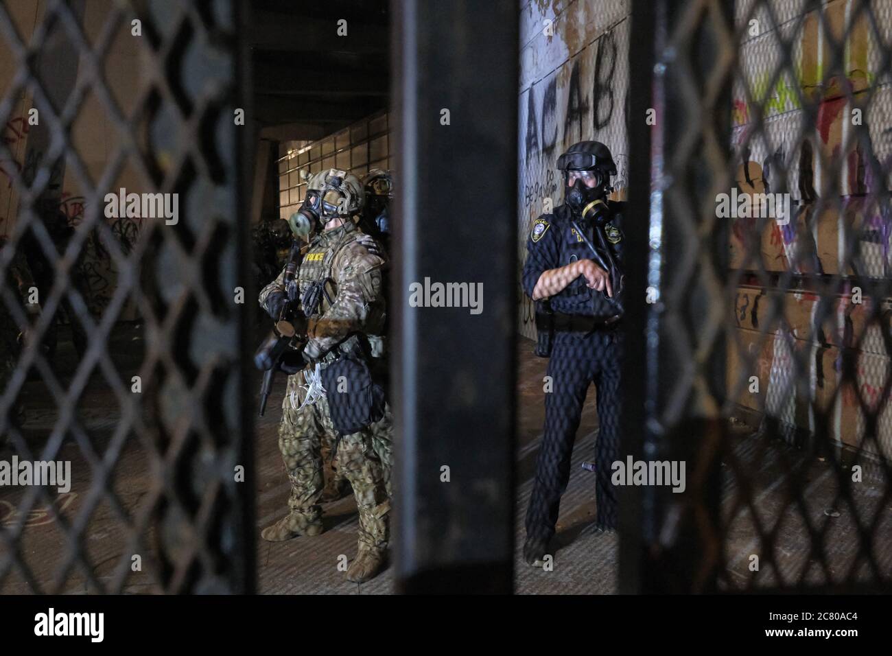 Portland, USA. 19th July, 2020. Federal officers come out to check the ...