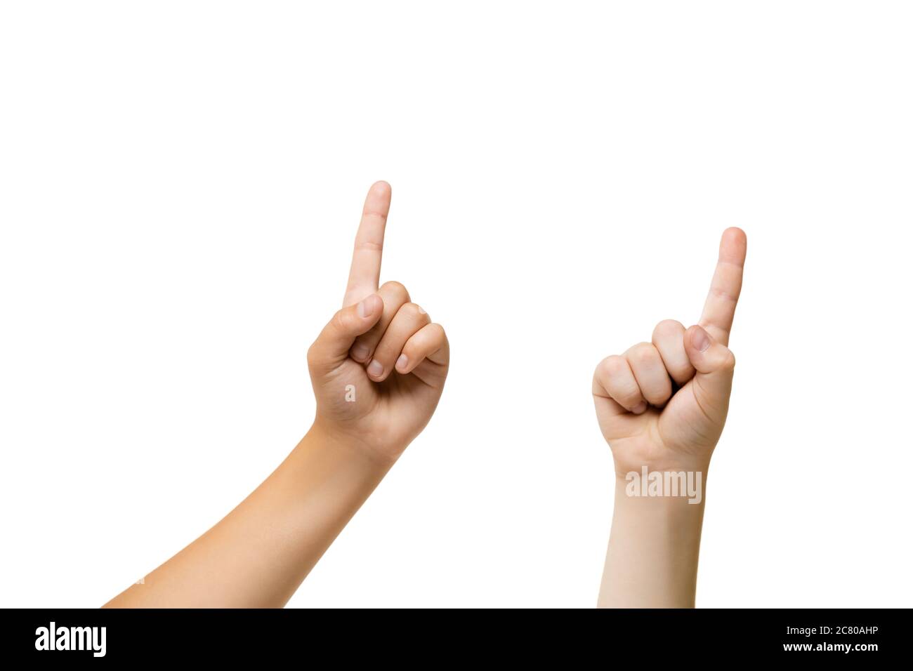 Pointing. Children's hand, palm gesturing isolated on white studio ...