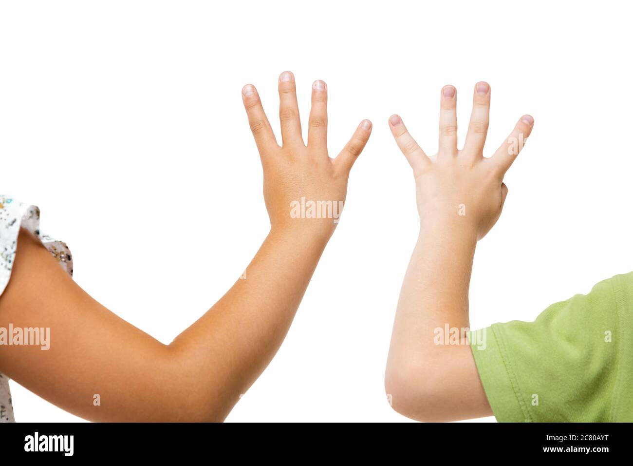 Showing four. Children's hand, palm gesturing isolated on white studio ...