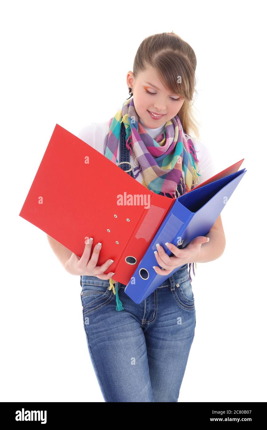 beautiful teenage girl with folders isolated over white background ...
