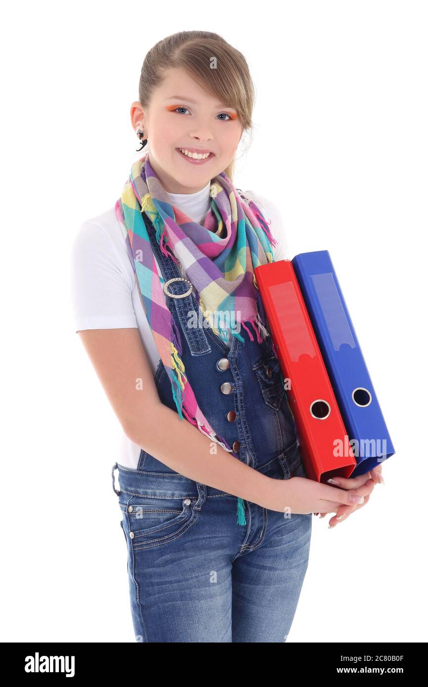 beautiful teenage girl with folders isolated over white Stock Photo - Alamy