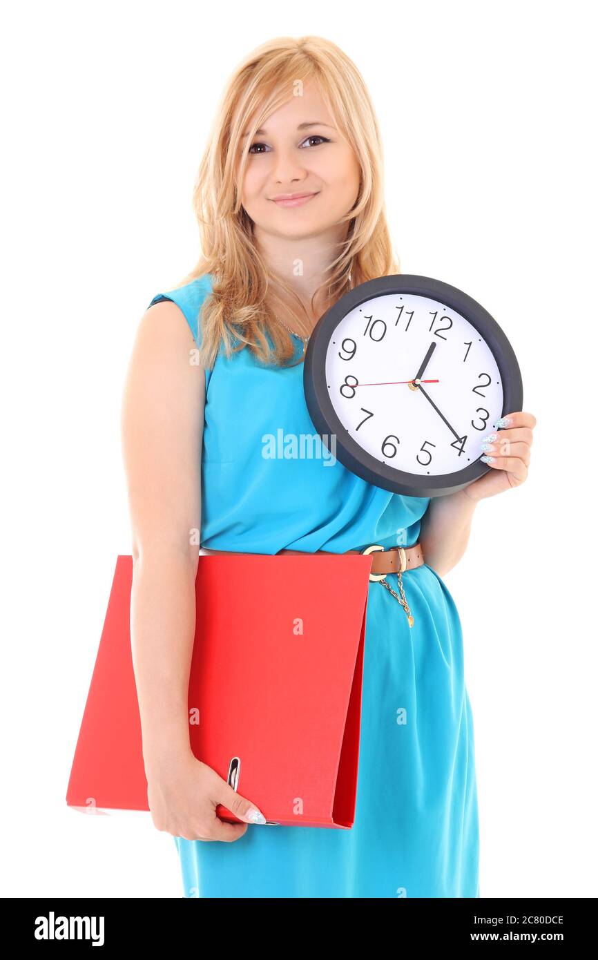 beautiful woman with the clock isolated in white Stock Photo - Alamy
