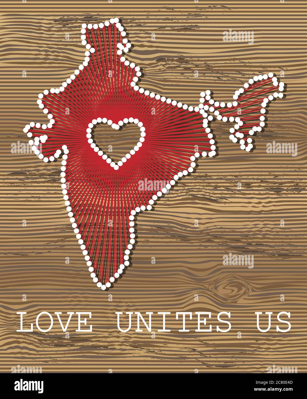 India art vector map with heart. String art, yarn and pins on wooden ...