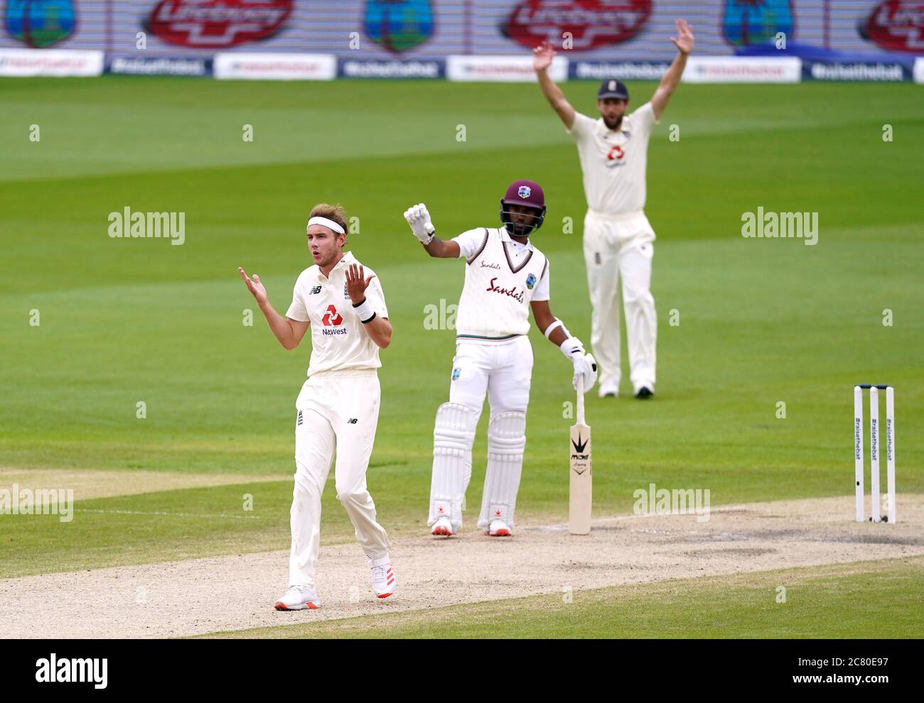 England's Stuart Broad reacts as he bowls during day five of the Second ...