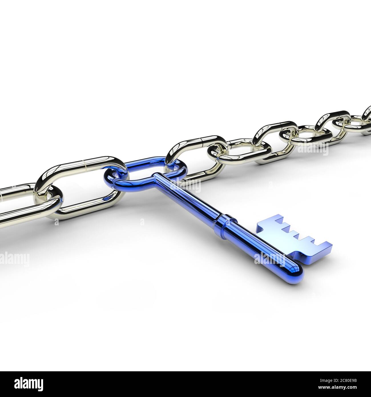 Blue key link in a silver chain on a white background Stock Photo - Alamy
