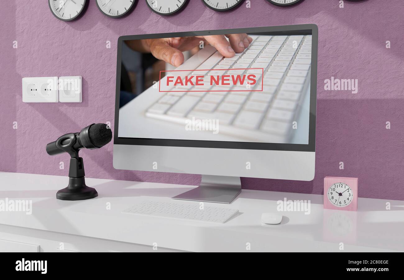 Workspace at home with a desktop computer 3d rendering Fake news mockup ...