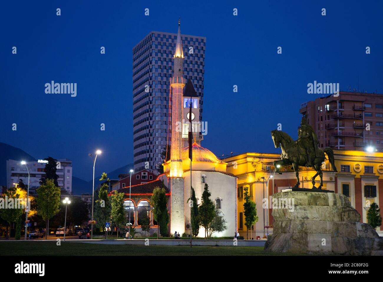 Illuminated Skanderbeg Square at Tirana, Albania at night Stock Photo ...