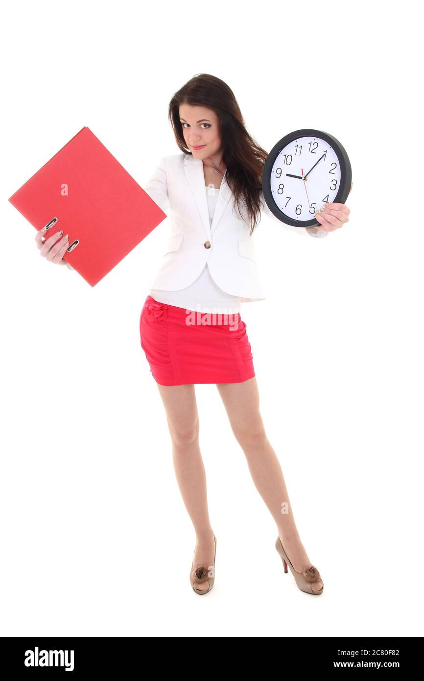 Young woman holding folder and clock over white Stock Photo - Alamy