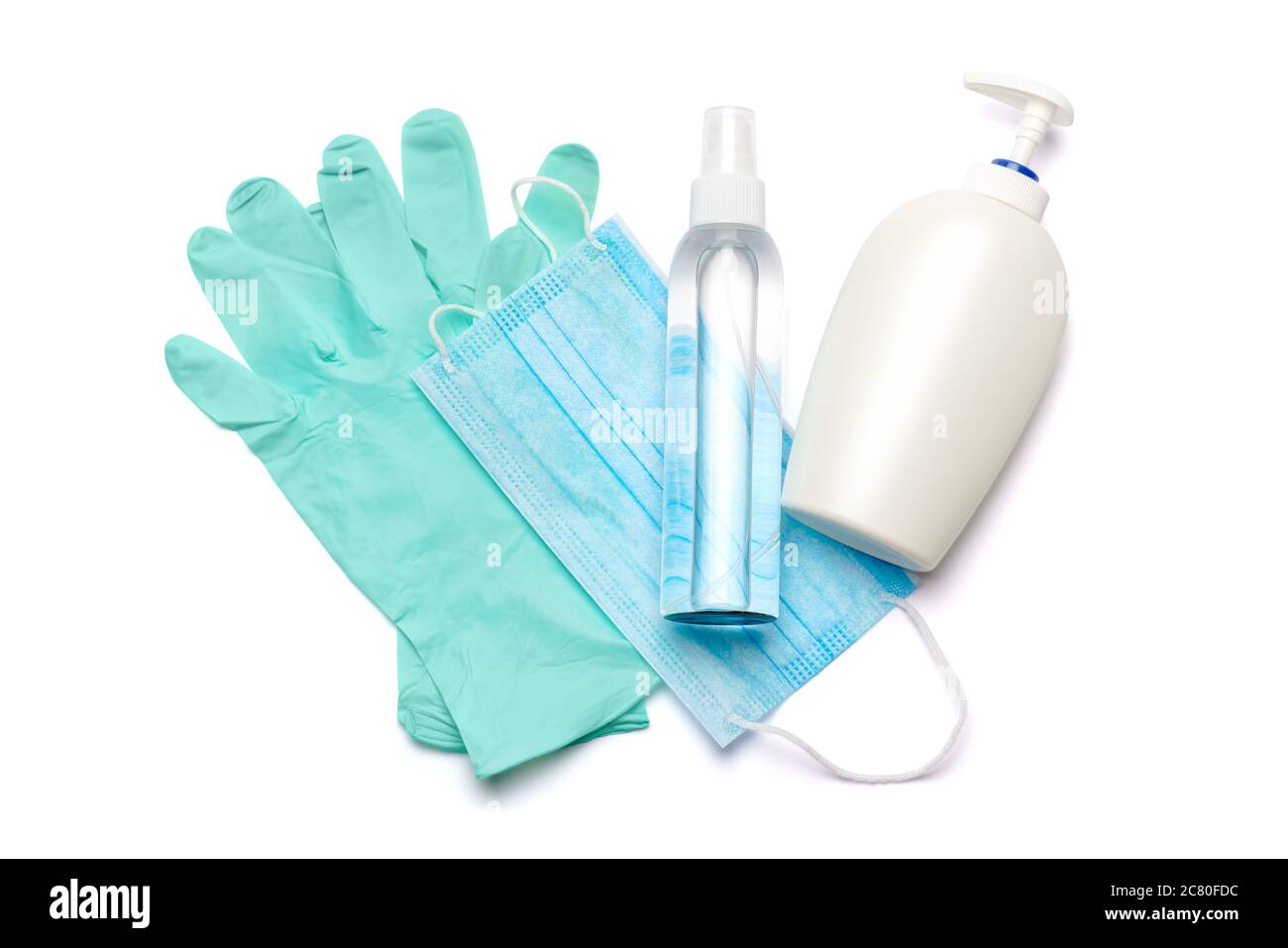 flat layout of hygiene items - latex gloves, mask and hand sanitizer or ...