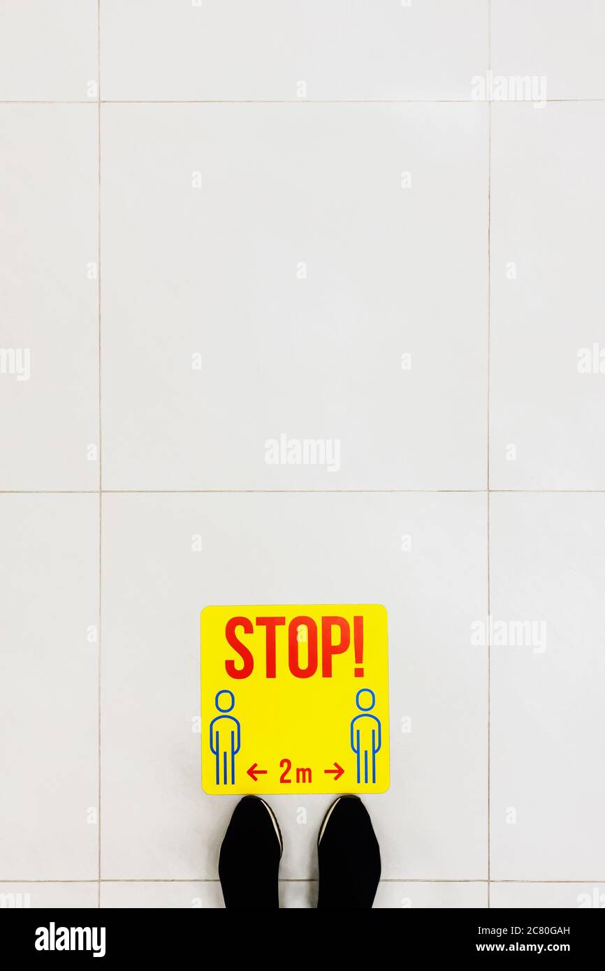Stop point for customer to keep distance in the supermarket, to avoid ...