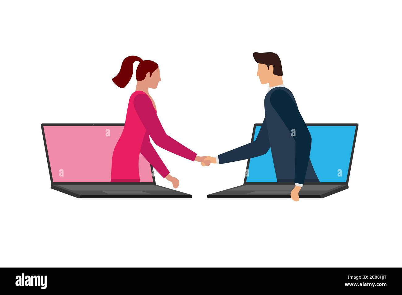Business man and woman make deal on distance and shaking hands on laptop screens. Web online ...