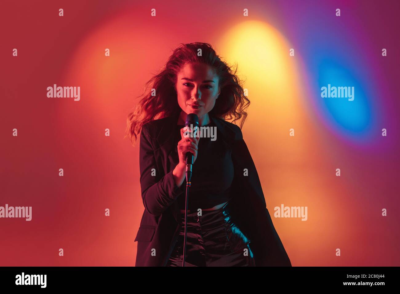 Dancing. Young caucasian inspired and expressive musician, female ...