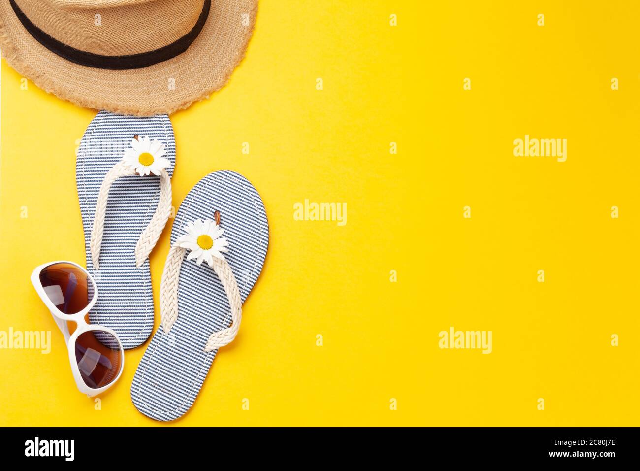 Summer vacation items and accessories. Flip flops, sunglasses and sun ...