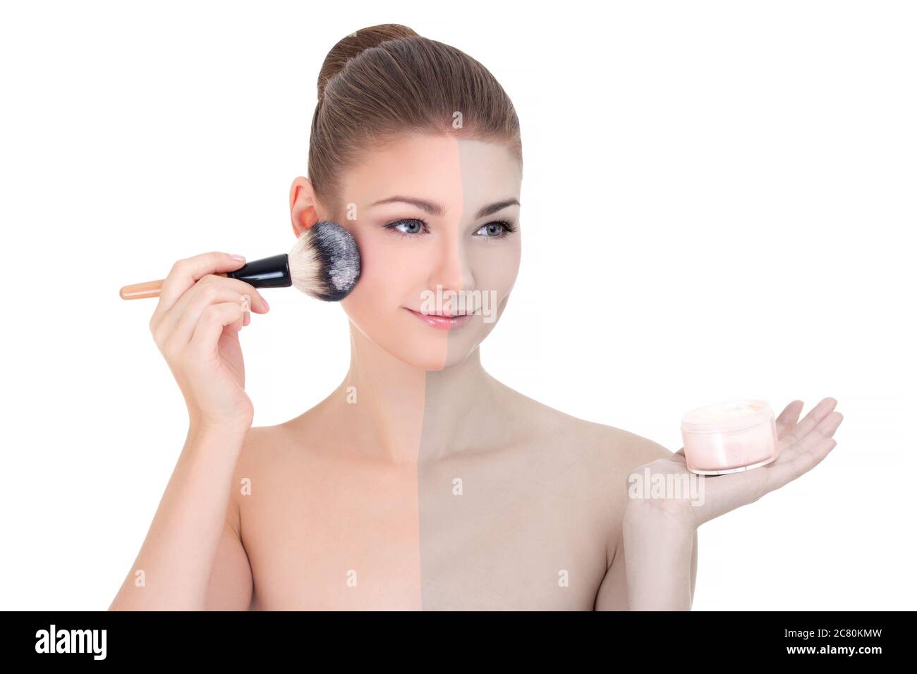 before and after make up concept - young beautiful woman applying rouge ...