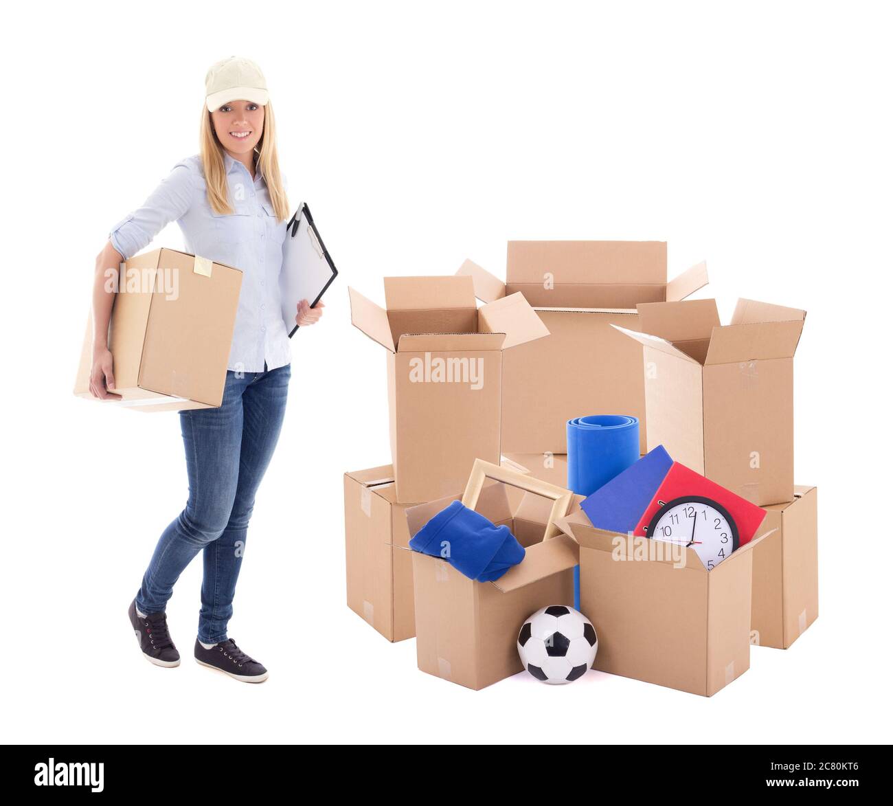 moving day or delivery concept - woman with cardboard boxes with stuff ...