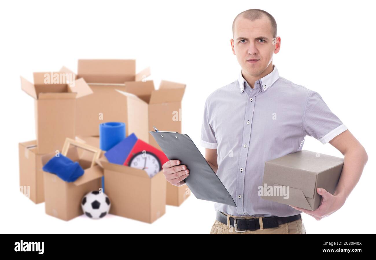 post delivery service man and cardboard boxes isolated on white ...