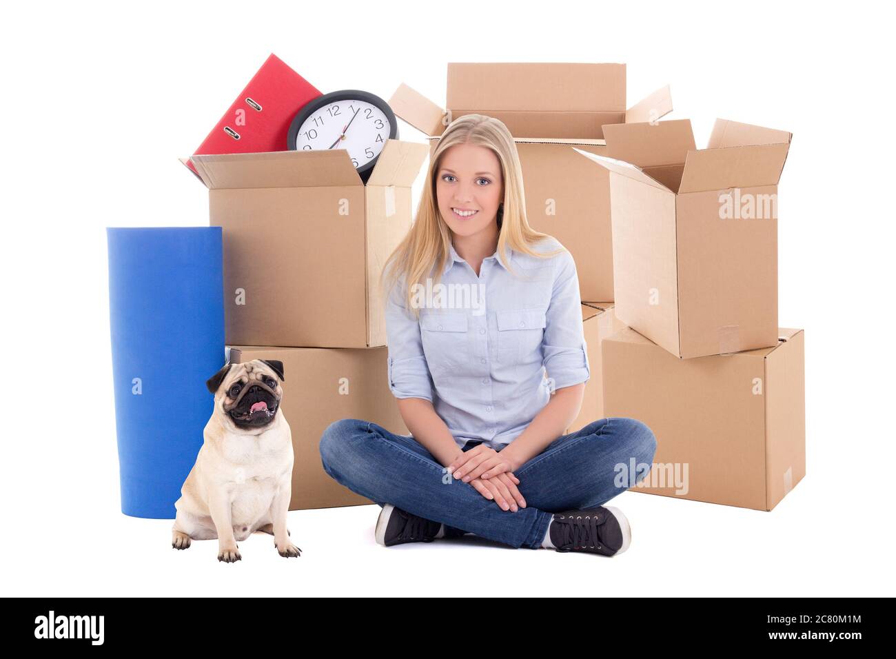 young beautiful woman ready for moving day isolated on white background ...