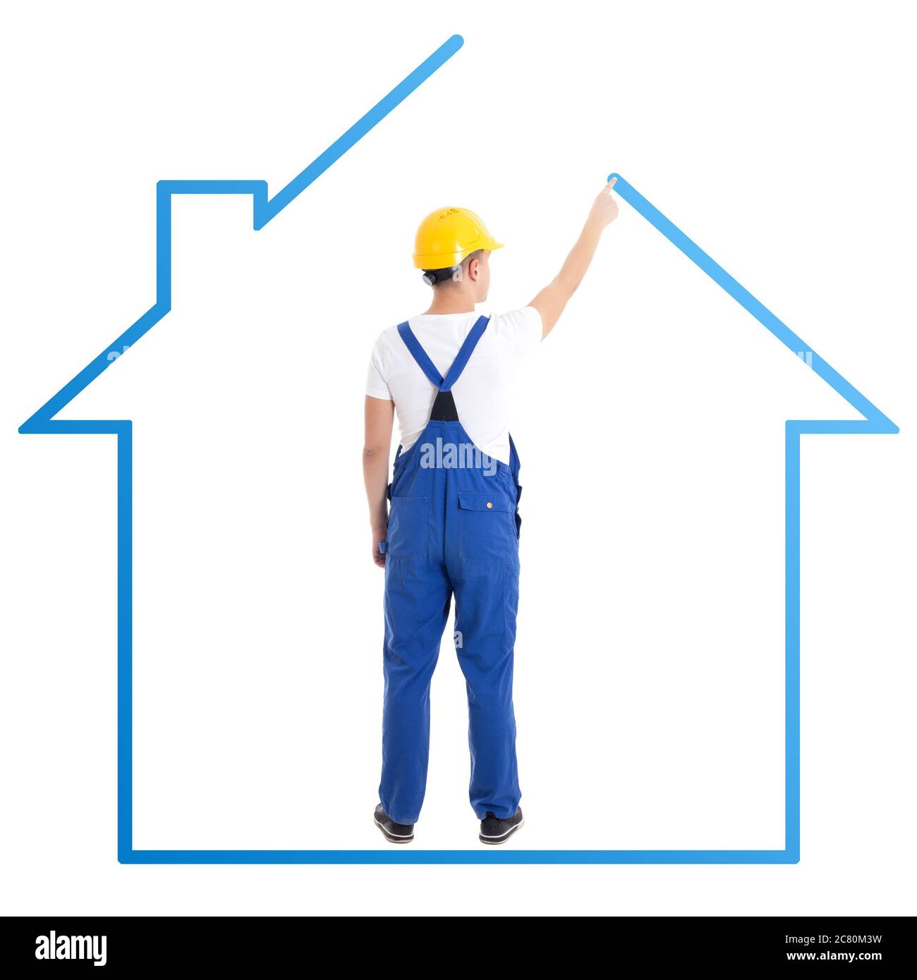 construction concept - man in blue builder uniform drawing house ...