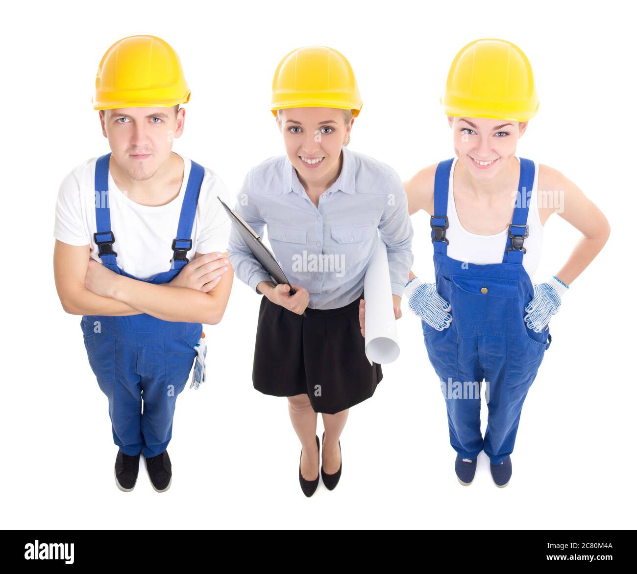 team work concept - handsome man and beautiful woman in blue builder's ...