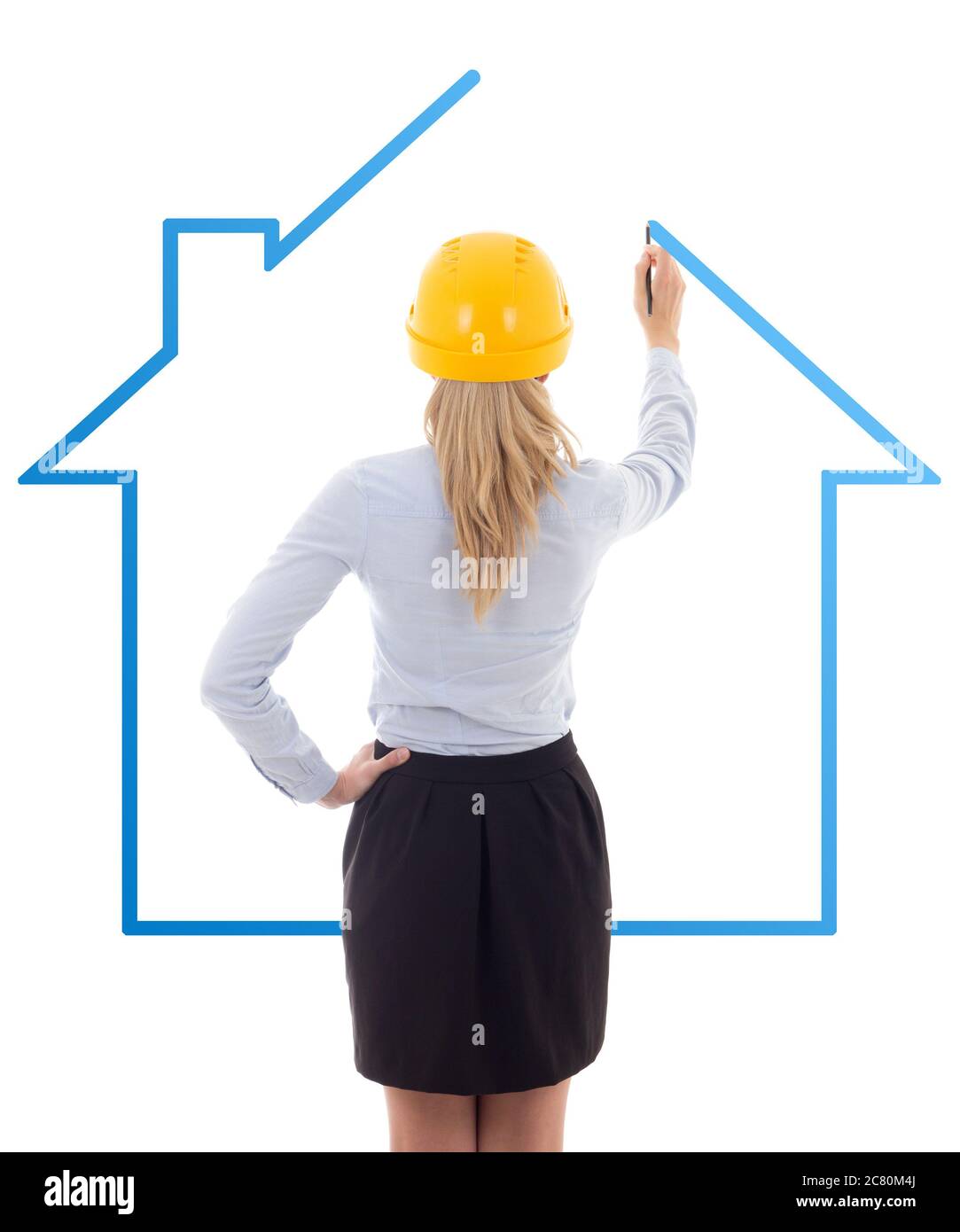 back view of woman architect drawing house isolated on white background ...