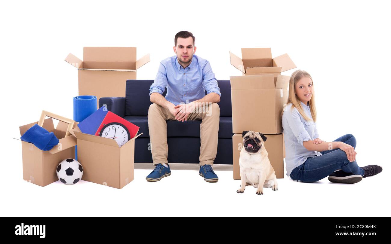 Moving Day Concept Couple And Cardboard Boxes With Stuff Isolated On