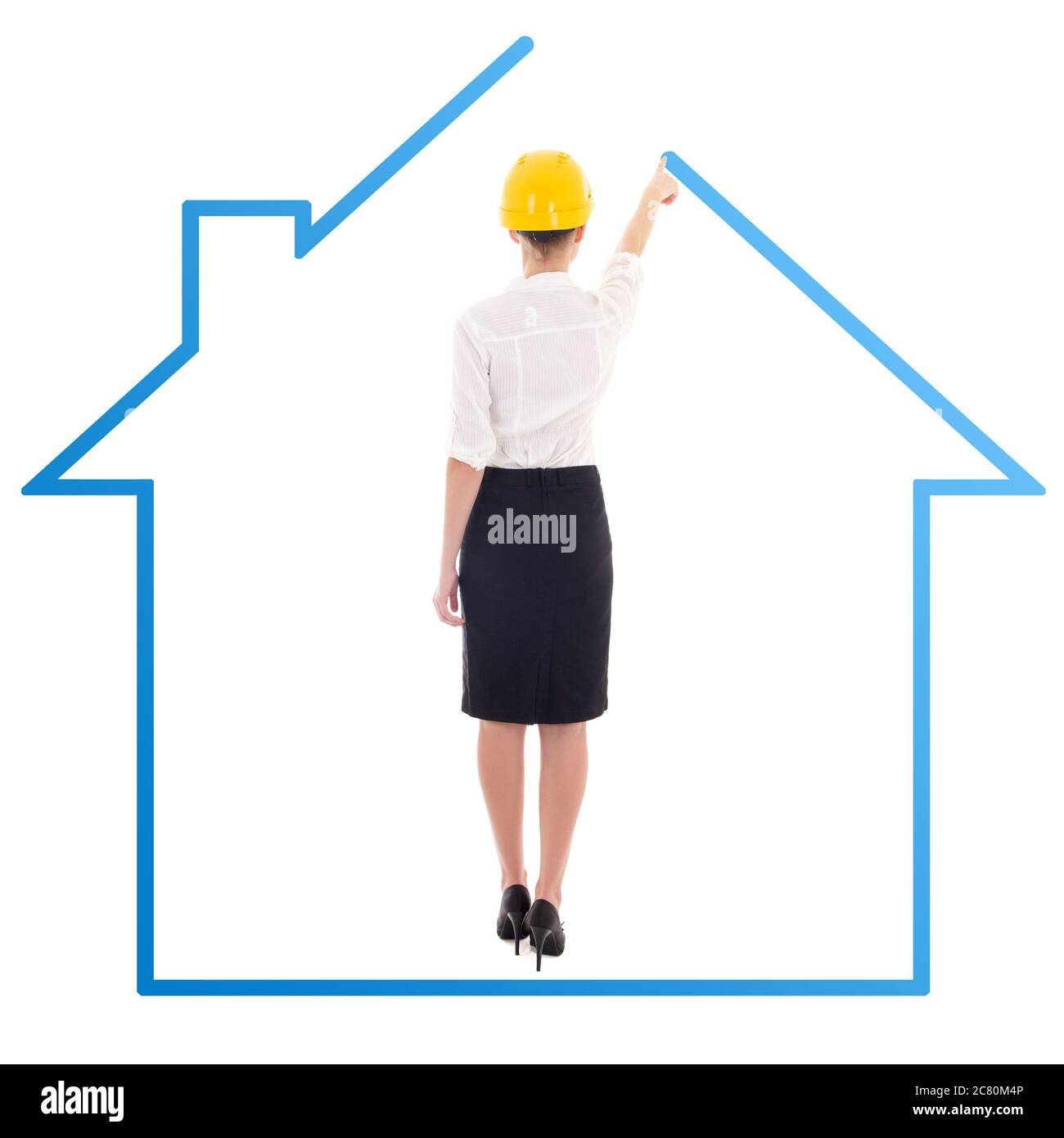 back view of young business woman architect drawing house isolated on ...