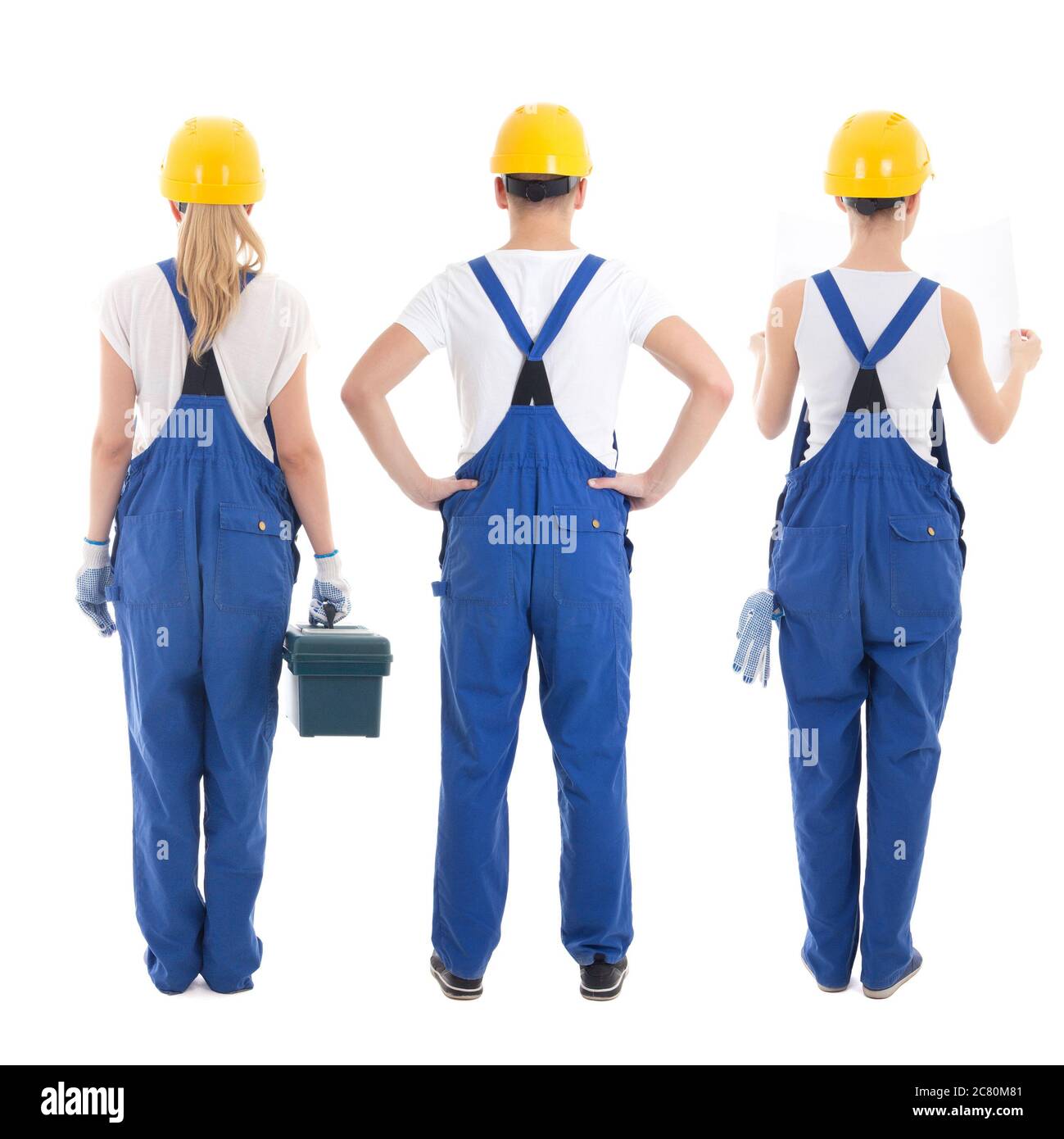 back view of man and two women in builders uniform isolated on white ...