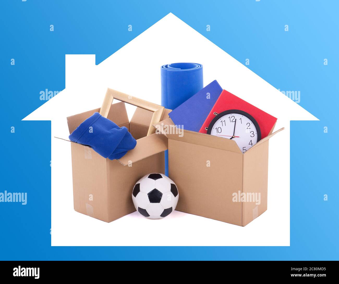 moving day concept - cardboard boxes with home stuff Stock Photo - Alamy