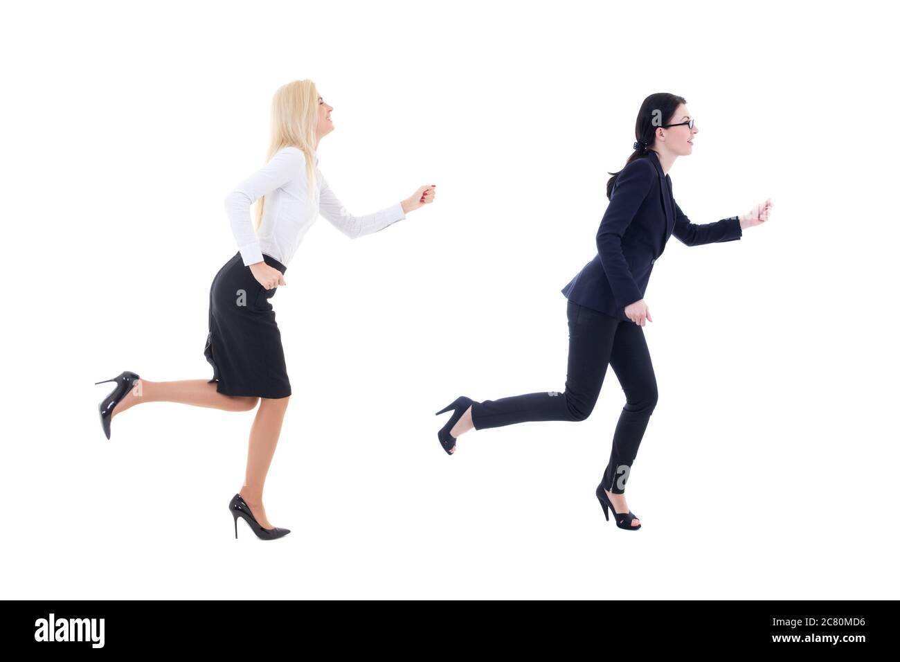 two running business women in business suit isolated on white ...