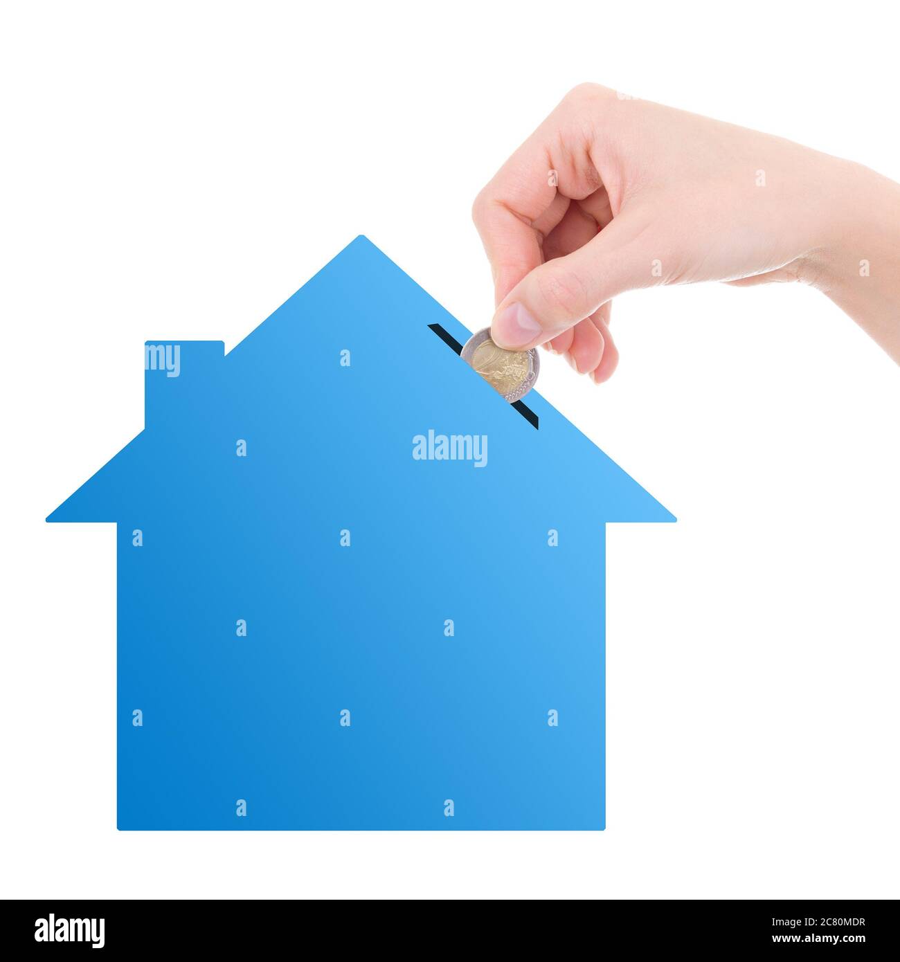 woman hand putting euro coin inside house money box isolated on white ...