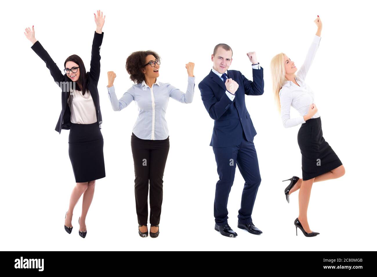 happy young business people celebrating something isolated on white ...