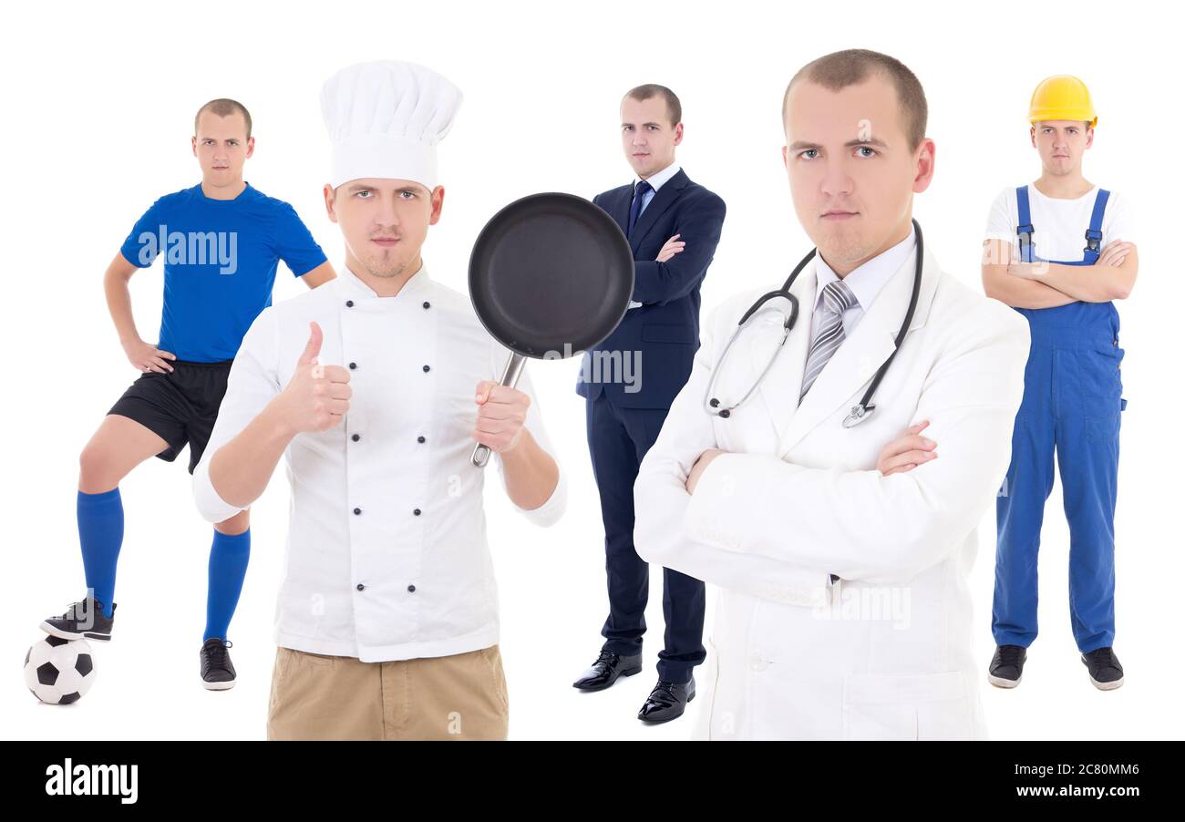 young man in different professions - business man, soccer player, chef ...
