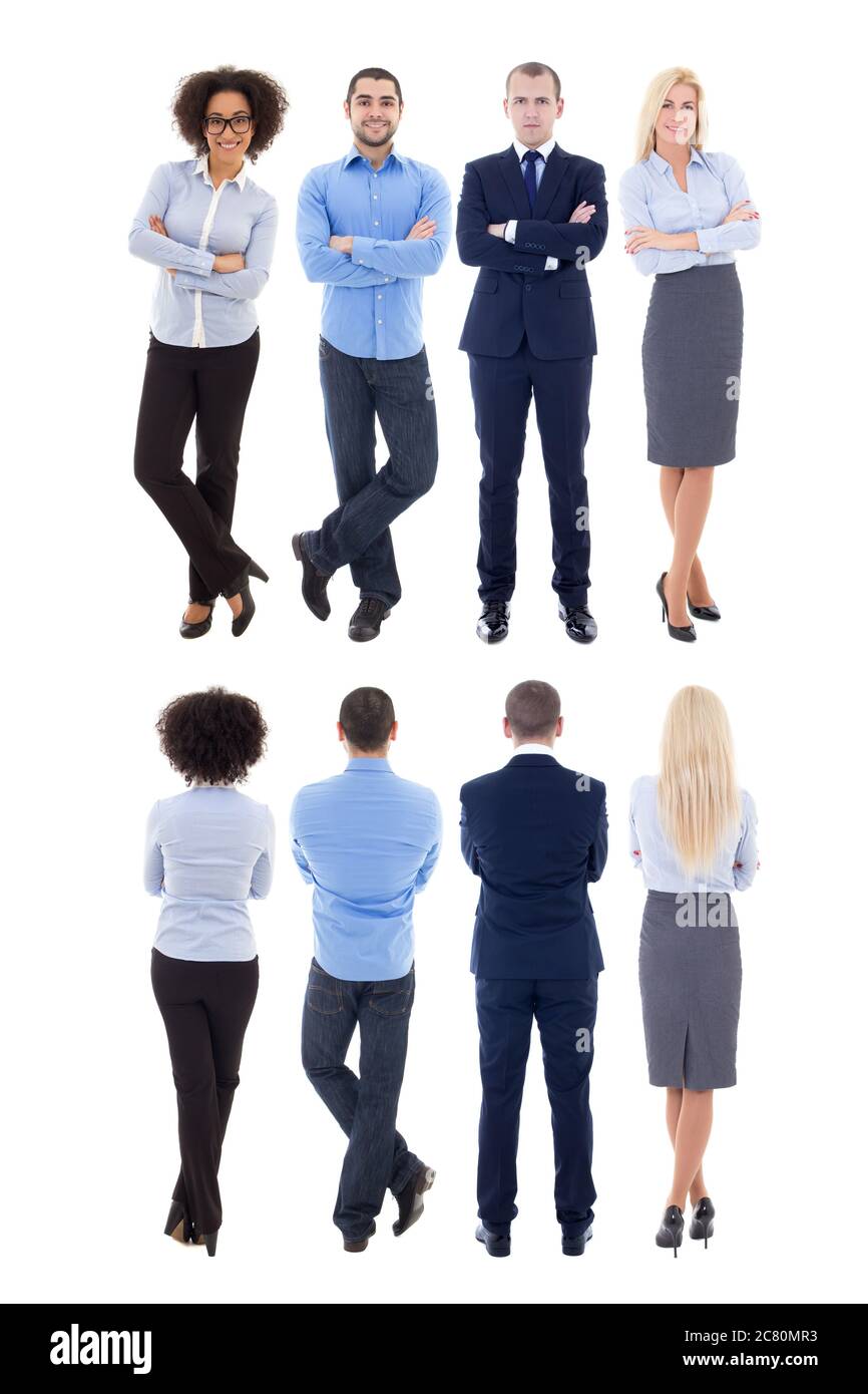 back and front view of young business people isolated on white ...