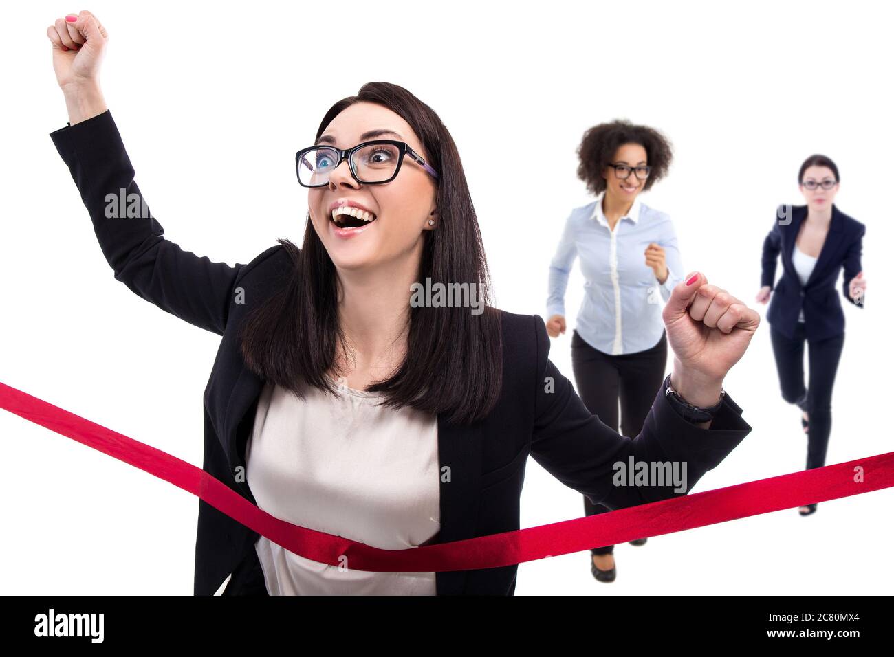 success concept - happy business woman crossing finish line isolated on ...