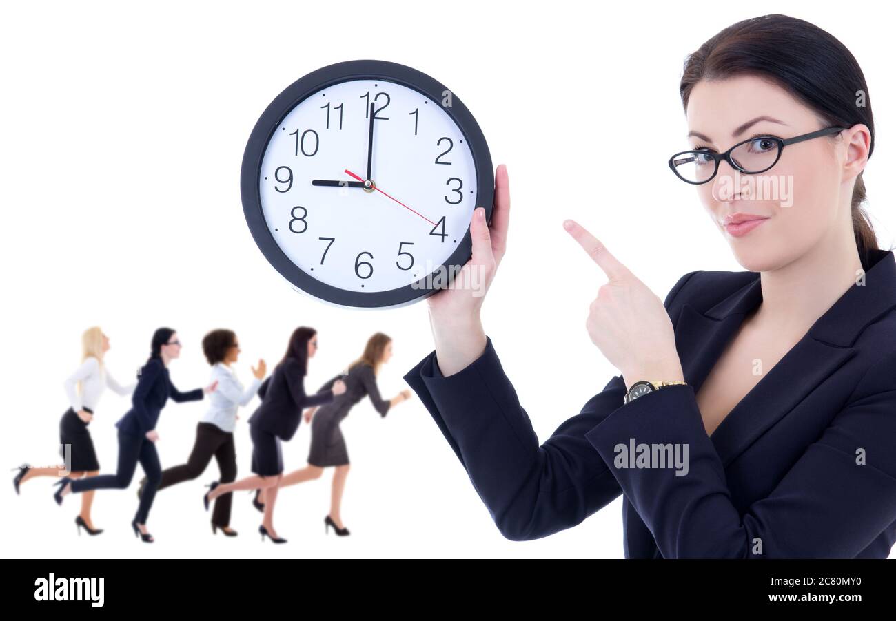 deadline concept - young woman holding office clock and her running ...