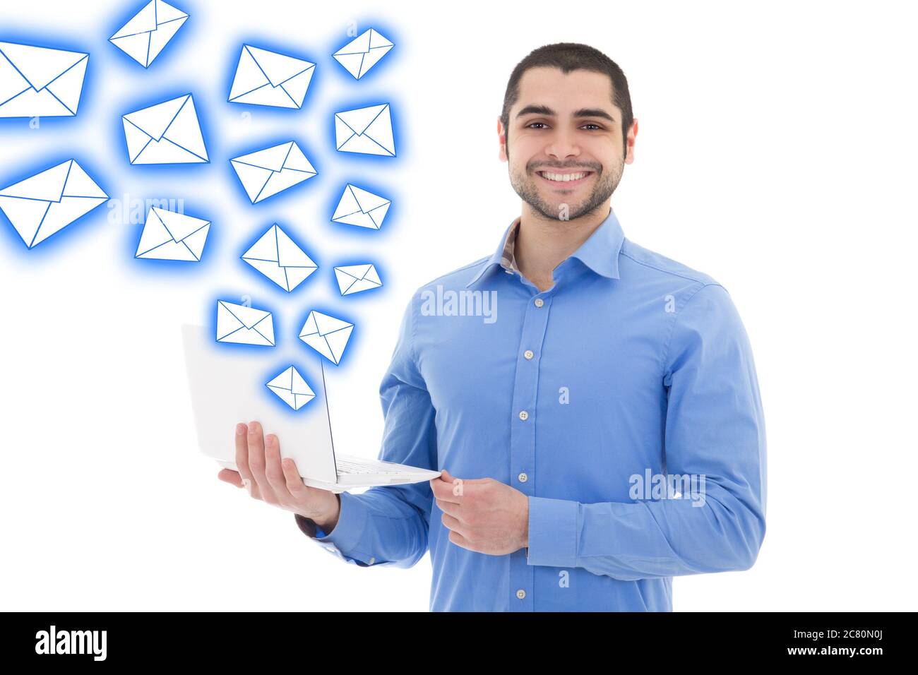 spam concept - portrait of handsome arabic man sending messages with ...