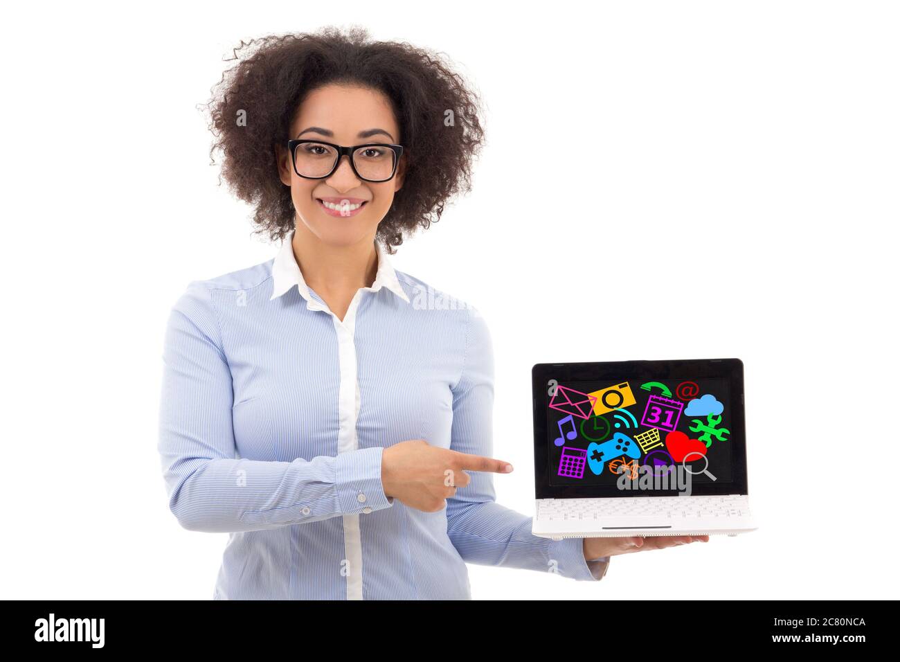beautiful african american business woman holding laptop with media ...