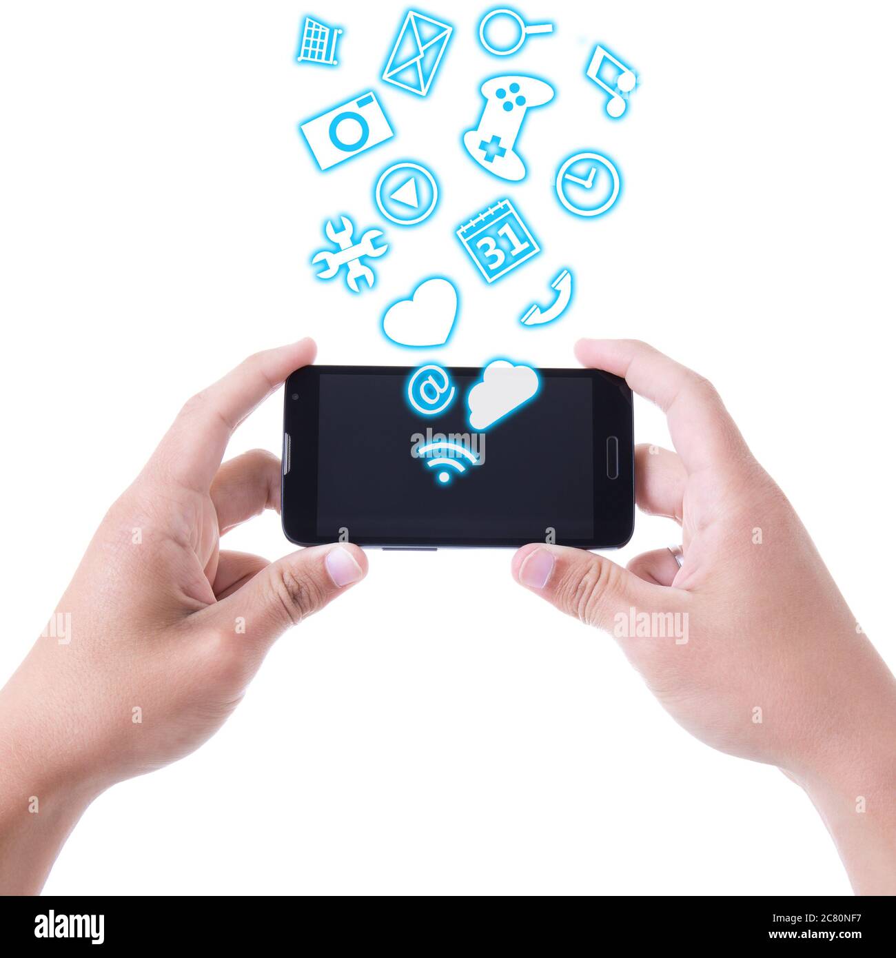 hands holding mobile smart phone with different applications isolated ...