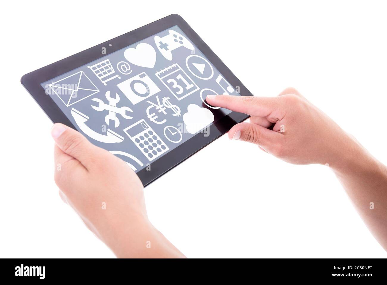 tablet pc with different media applications in male hands isolated on ... tablet pc with different media applications in male hands isolated on ...