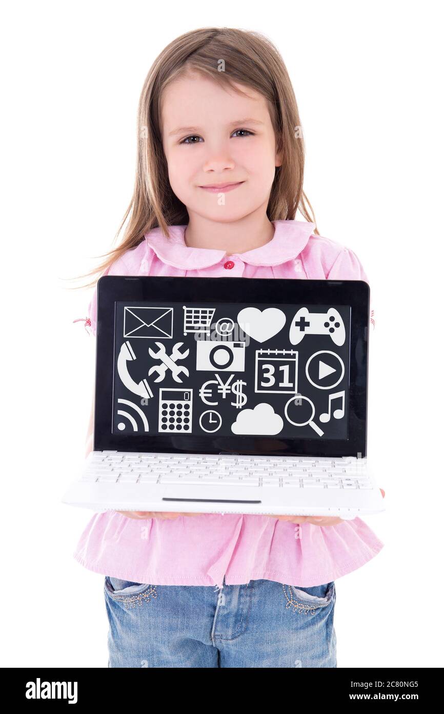 cute little girl holding laptop with media applications and icons on ...