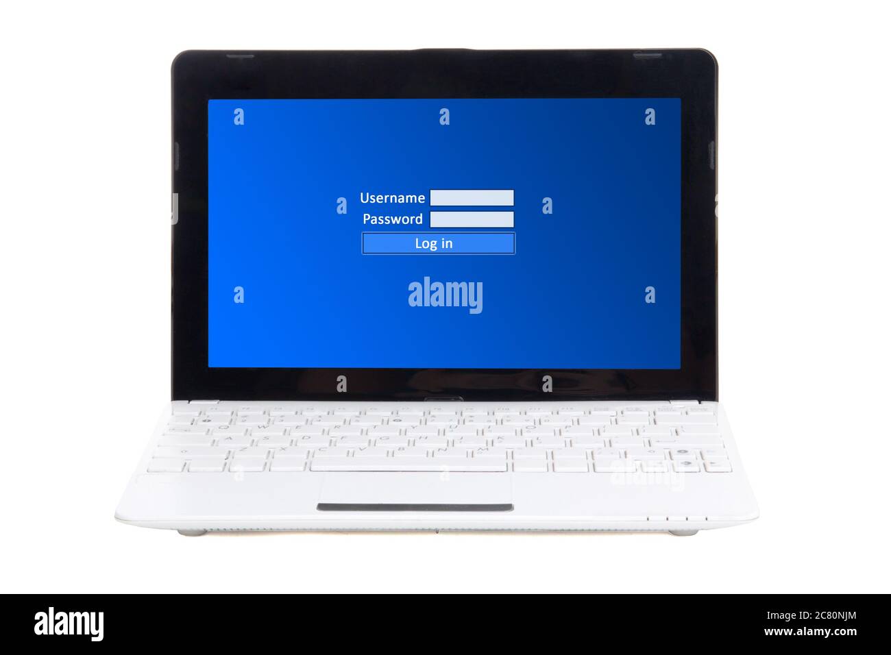 little laptop with login and password panel on screen isolated on white ...