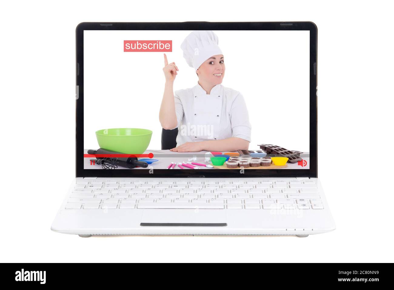 food video blog concept - woman making food and pointing at subscribe ...